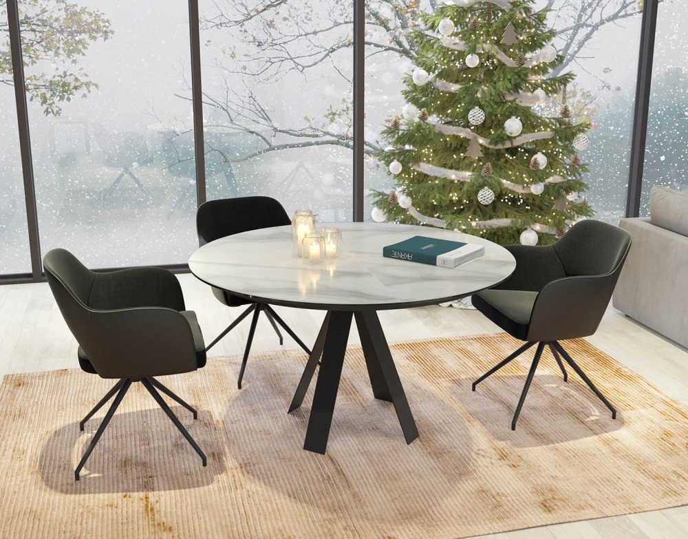 Table ronde céramique avec allonge pied acier noir